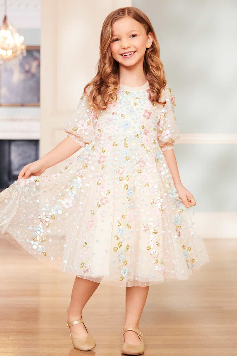 Confetti Gloss Kids Dress – Champagne | Needle & Thread