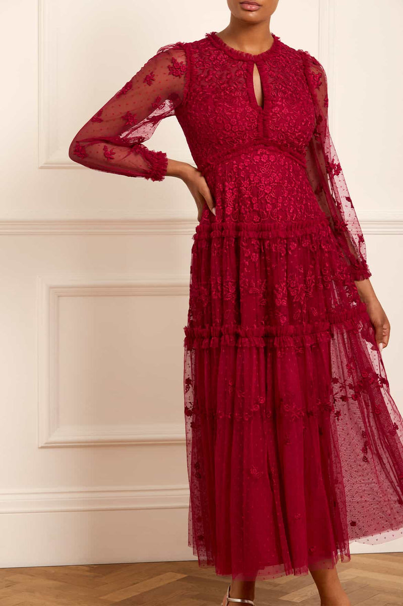 Autumn Lace Long Sleeve Ankle Gown – Red | Needle & Thread