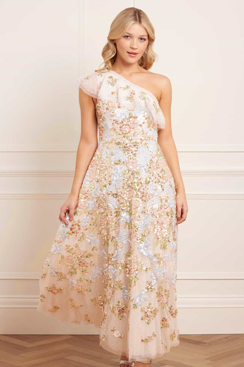 Baroque Floral One-Shoulder Ankle Gown – Champagne | Needle & Thread