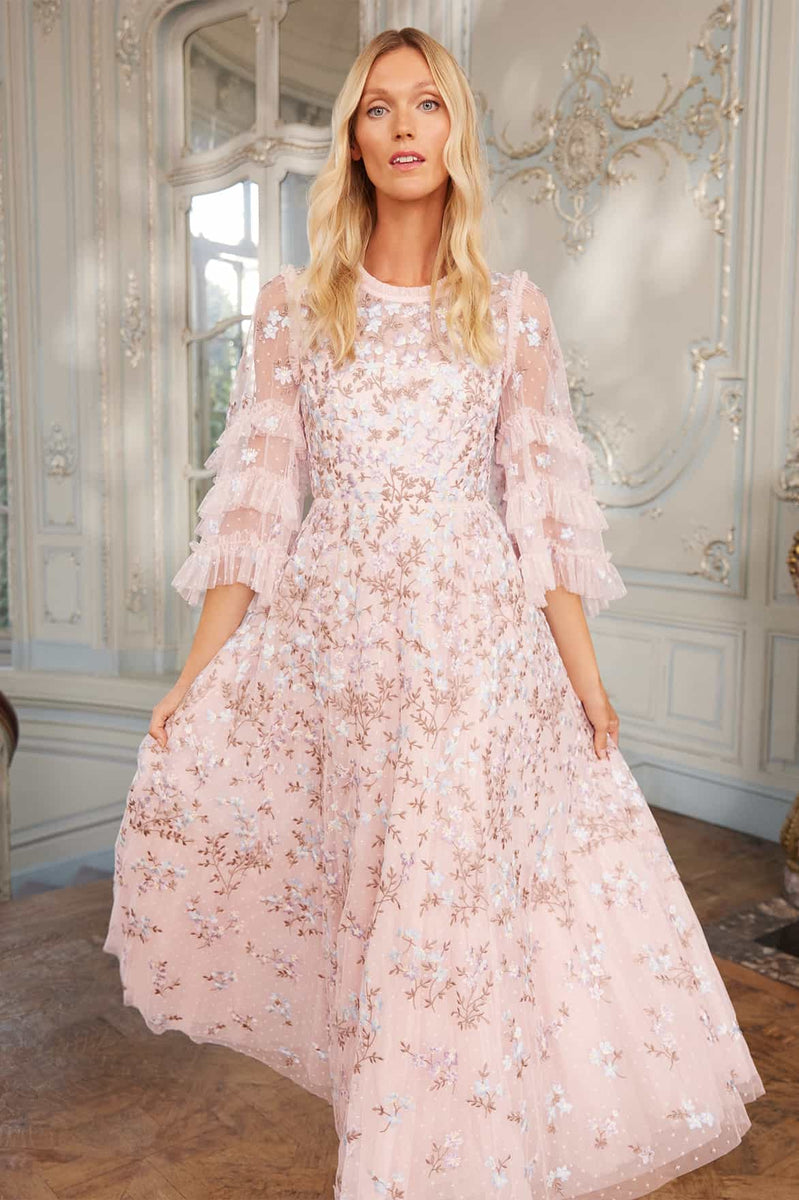 Everett Bloom Round Neck Ankle Gown – Pink | Needle & Thread