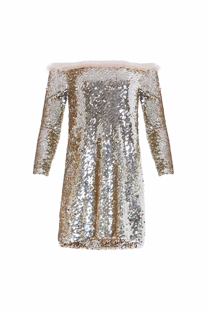 Evie Off-Shoulder Micro Mini Dress – Silver | Needle & Thread