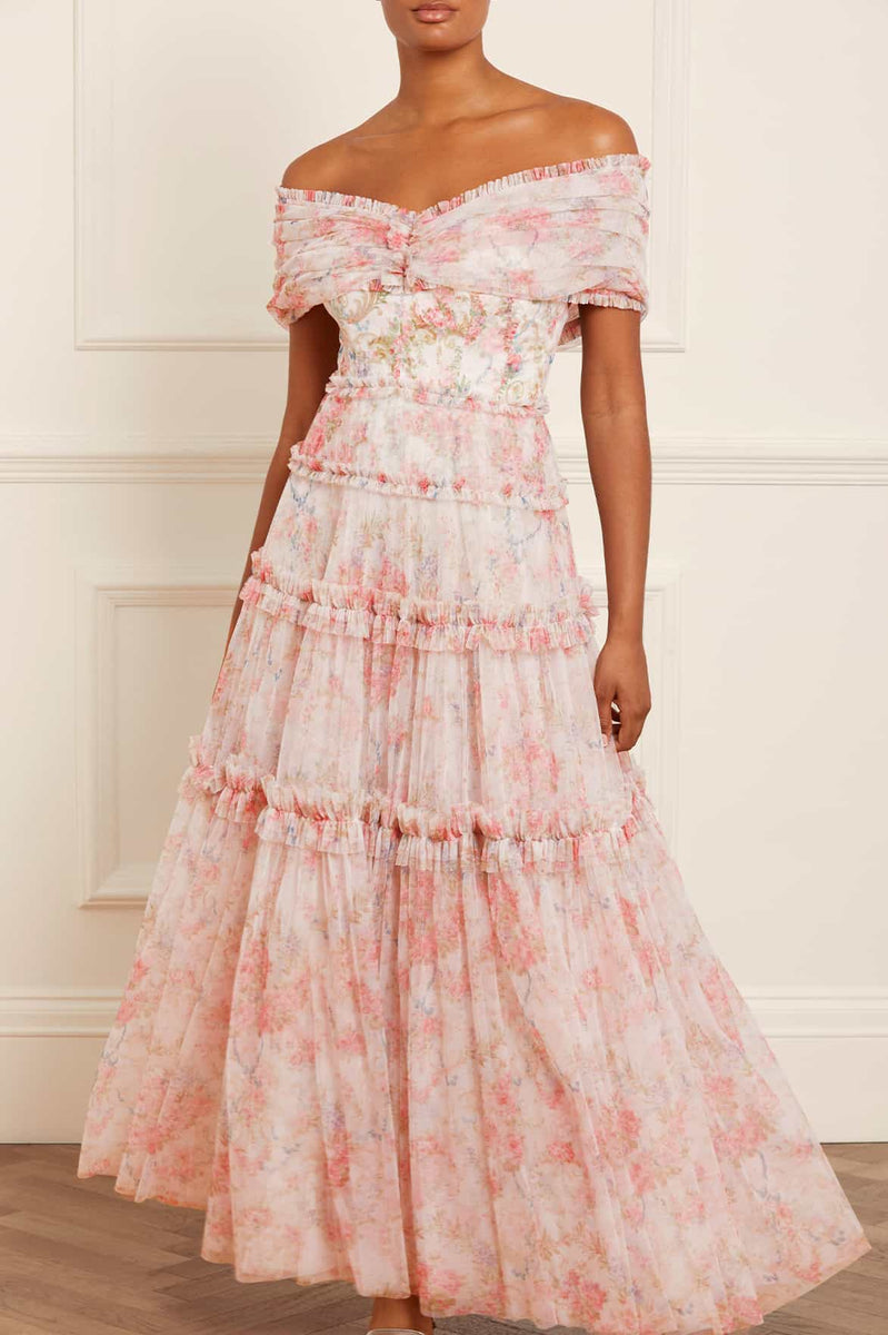 Floral Wreath Grace Off-Shoulder Gown – Multi | Needle & Thread