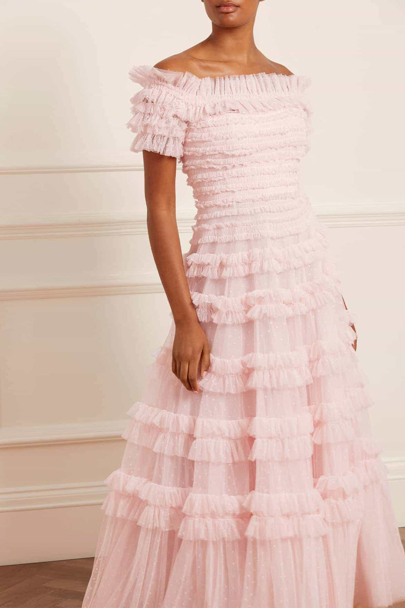 Lisette Ruffle Off Shoulder Gown – Pink | Needle & Thread
