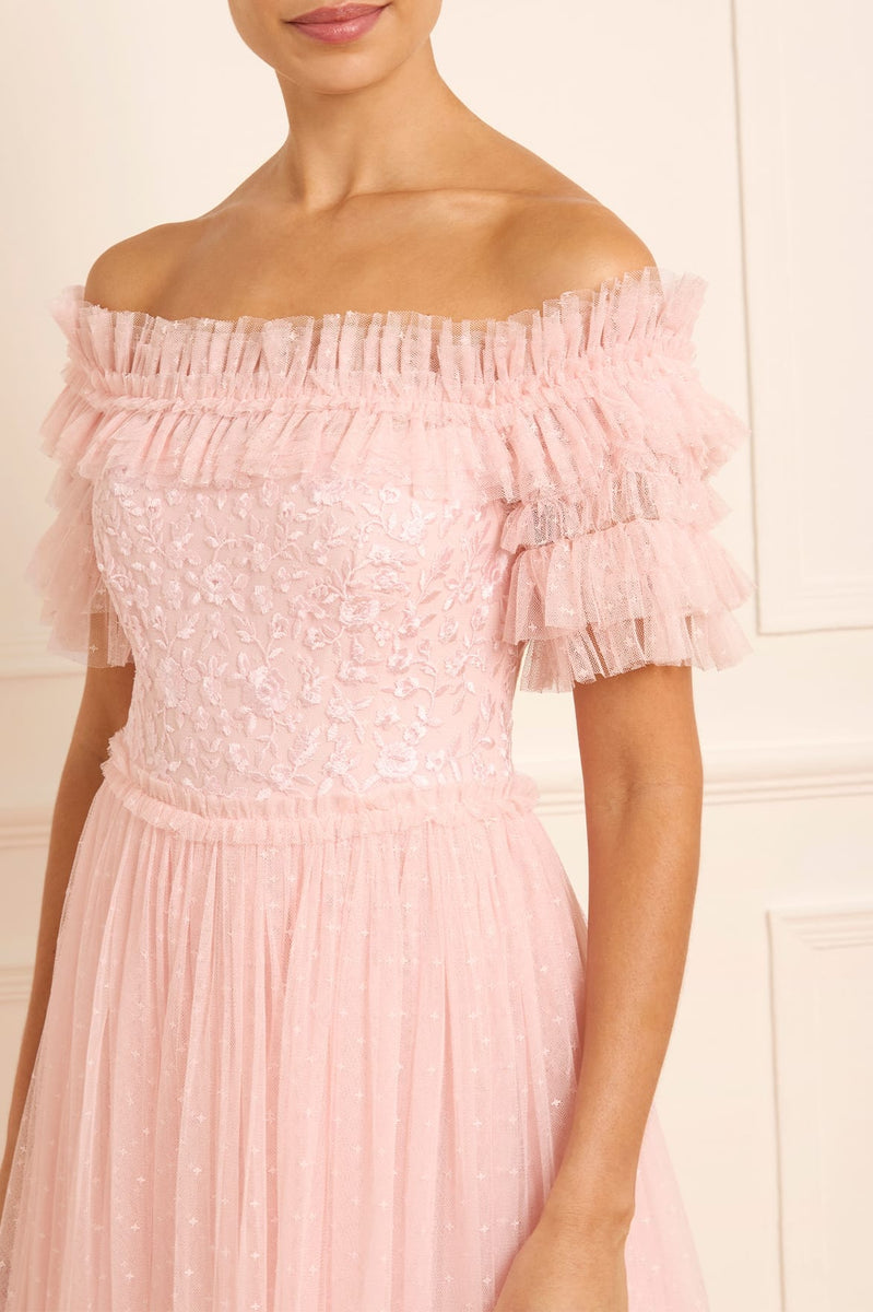 Midsummer Lace Bodice Off-Shoulder Ankle Gown – Pink | Needle & Thread