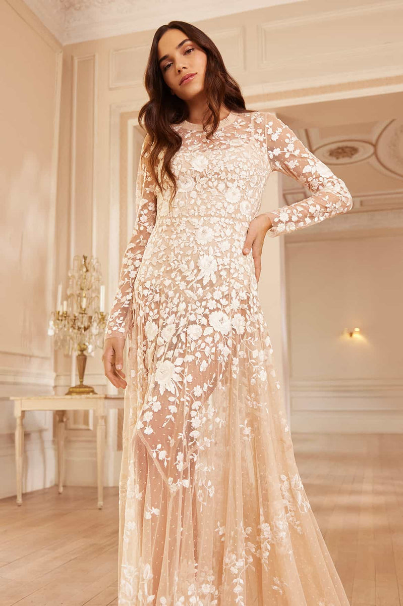 Rosa Sheer Ankle Gown – Beige | Needle & Thread