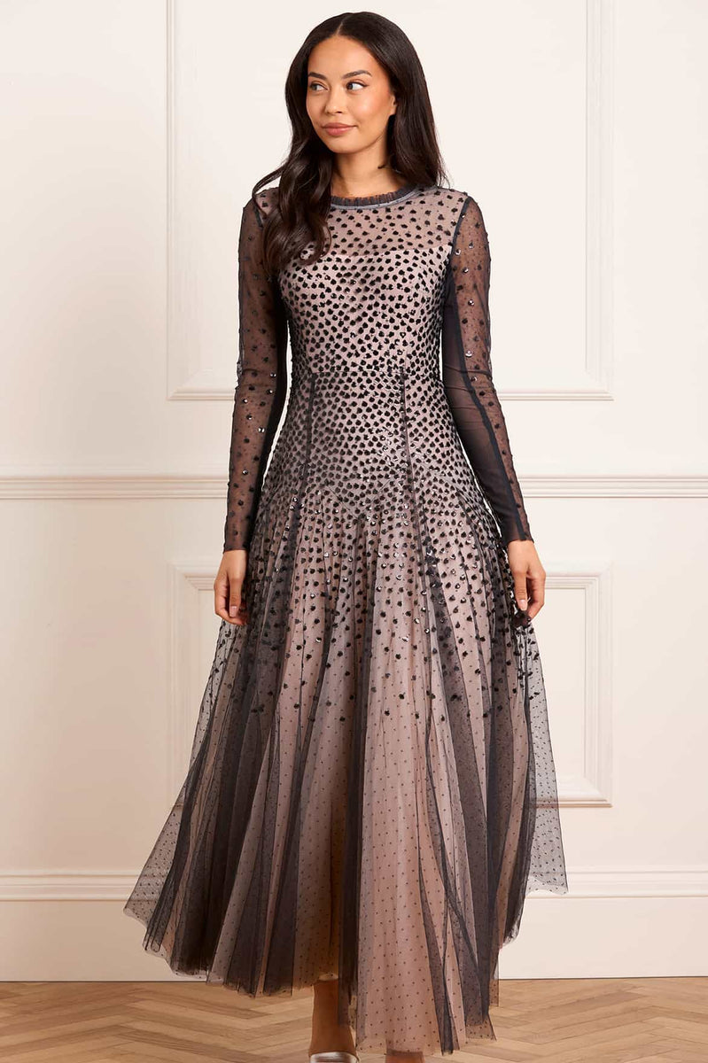 Sequin Cascade Round Neck Gown – Black | Needle & Thread
