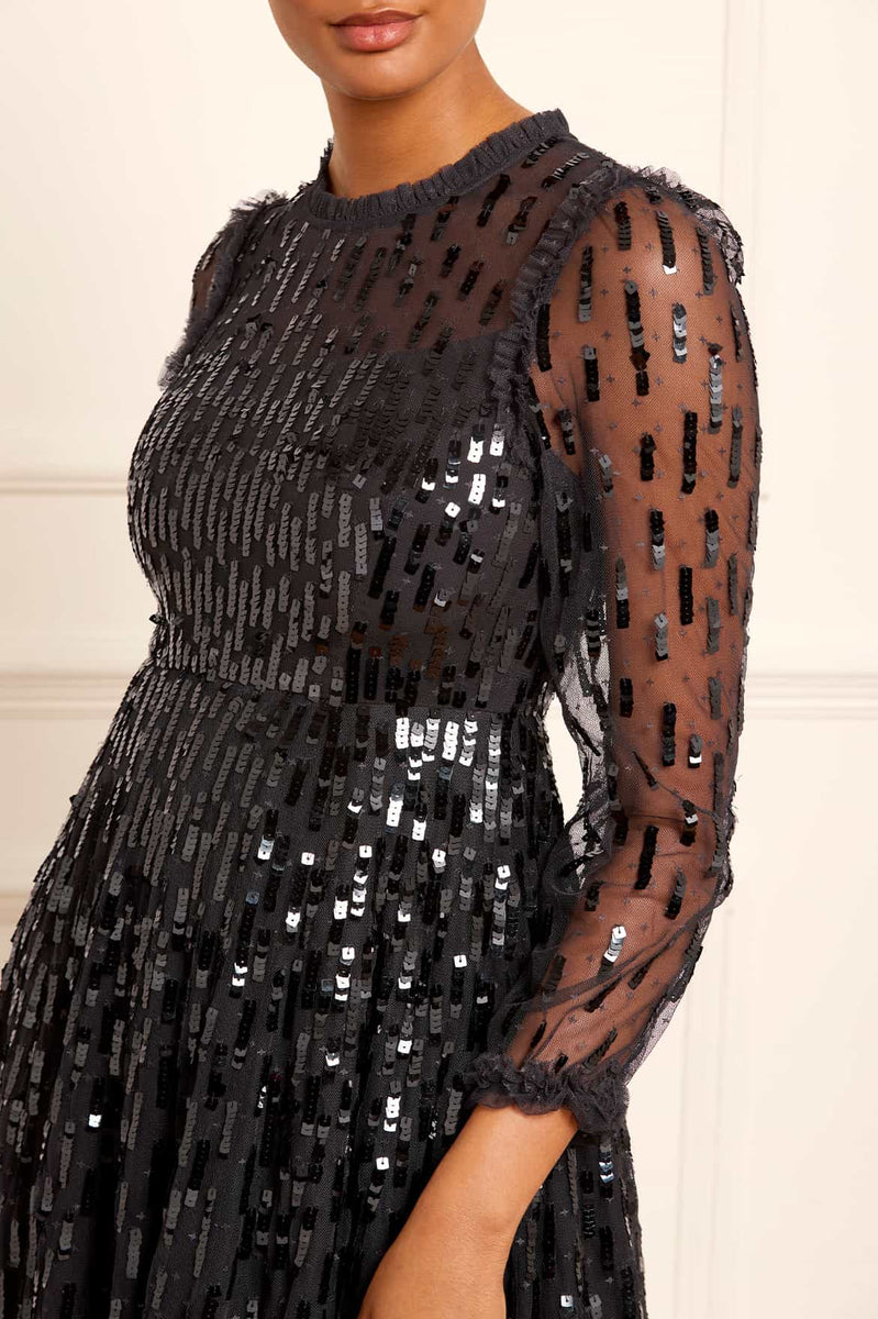 Sequin Dash Long Sleeve Gown – Black | Needle & Thread