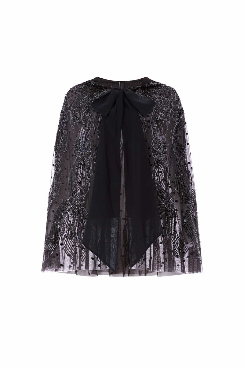 Sequin Ribbon Hooded Cape – Black | Needle & Thread