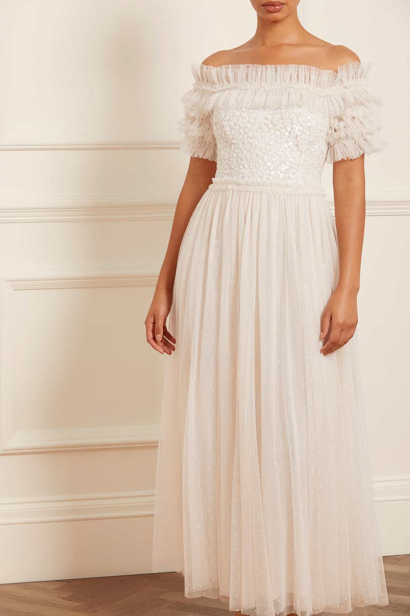 Sequin Wreath Bodice Off-Shoulder Ankle Gown – Champagne | Needle & Thread