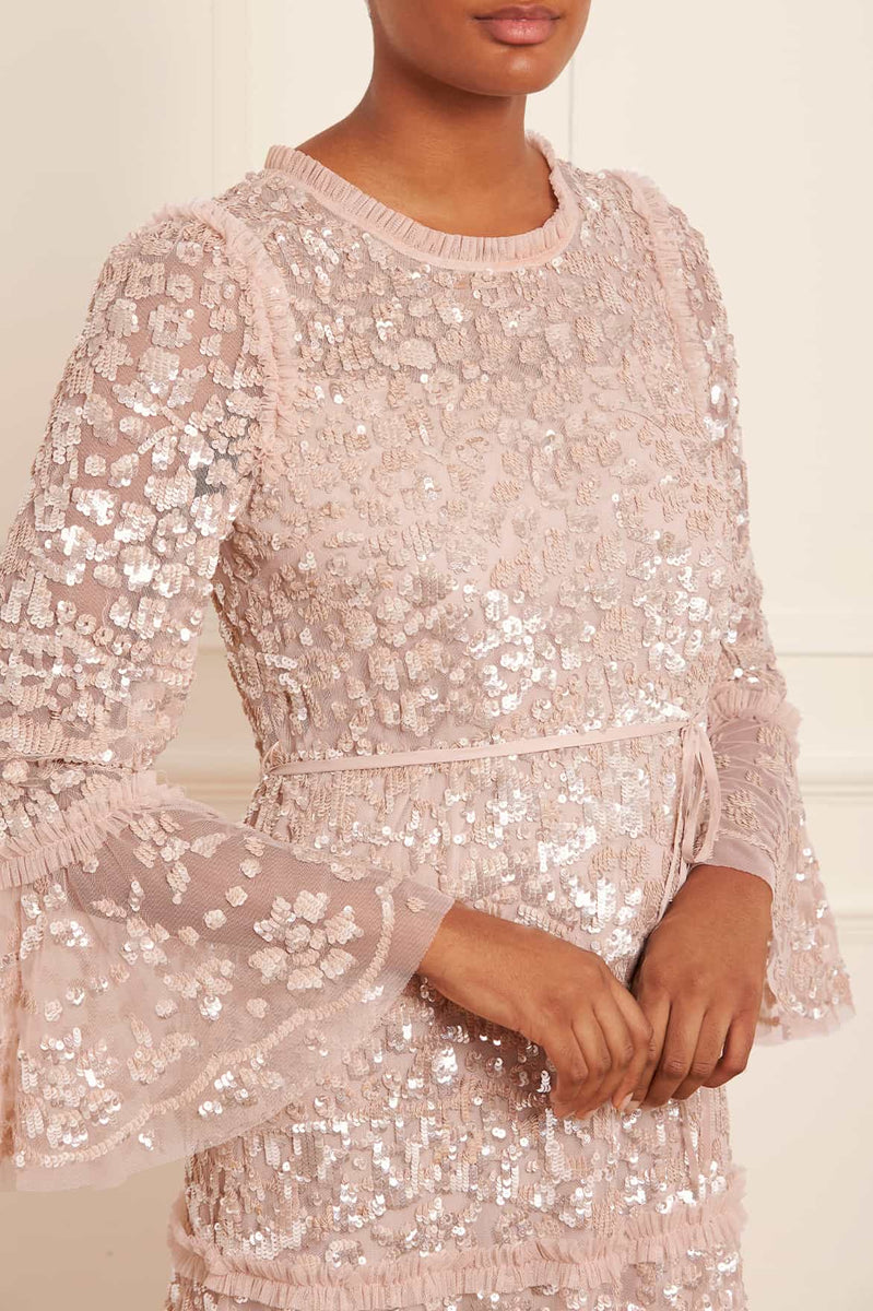 Annie Gloss Tiered Ankle Gown – Beige | Needle & Thread